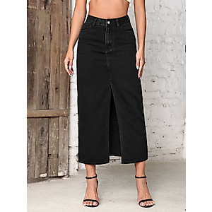 SweatyRocks Women's Casual High Waist Denim Skirt Split Hem Raw Trim Midi Jean Skirts Black L