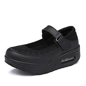 EnllerviiD Women Breathable Mary Jane Shoes Buckle Fitness Toning Walking Sneakers Black Mesh Platform Shoes 42