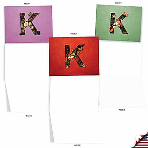 The Best Card Company - 10 Initial Letter “K” Assorted Blank Notecards Beautiful Flower Personal Stationary 4 x 5.12 Inch, Bulk Variety Pack for Thank You and Notes - Baroque Blooms K M3838OCB-B1x10