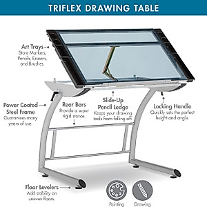 SD Studio Designs Triflex Drawing Table, Sit to Stand Up Adjustable Office Home Computer Desk, 35.25" W X 23.5" D, Silver/Blue Glass