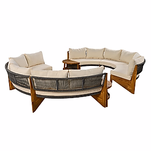 Quarte Outdoor Acacia Wood Round Sofa Set, Half-Moon Sectional Sets with Coffee Table,6-Person Seating Group for Garden, Deck (Beige/Half-Moon*A)