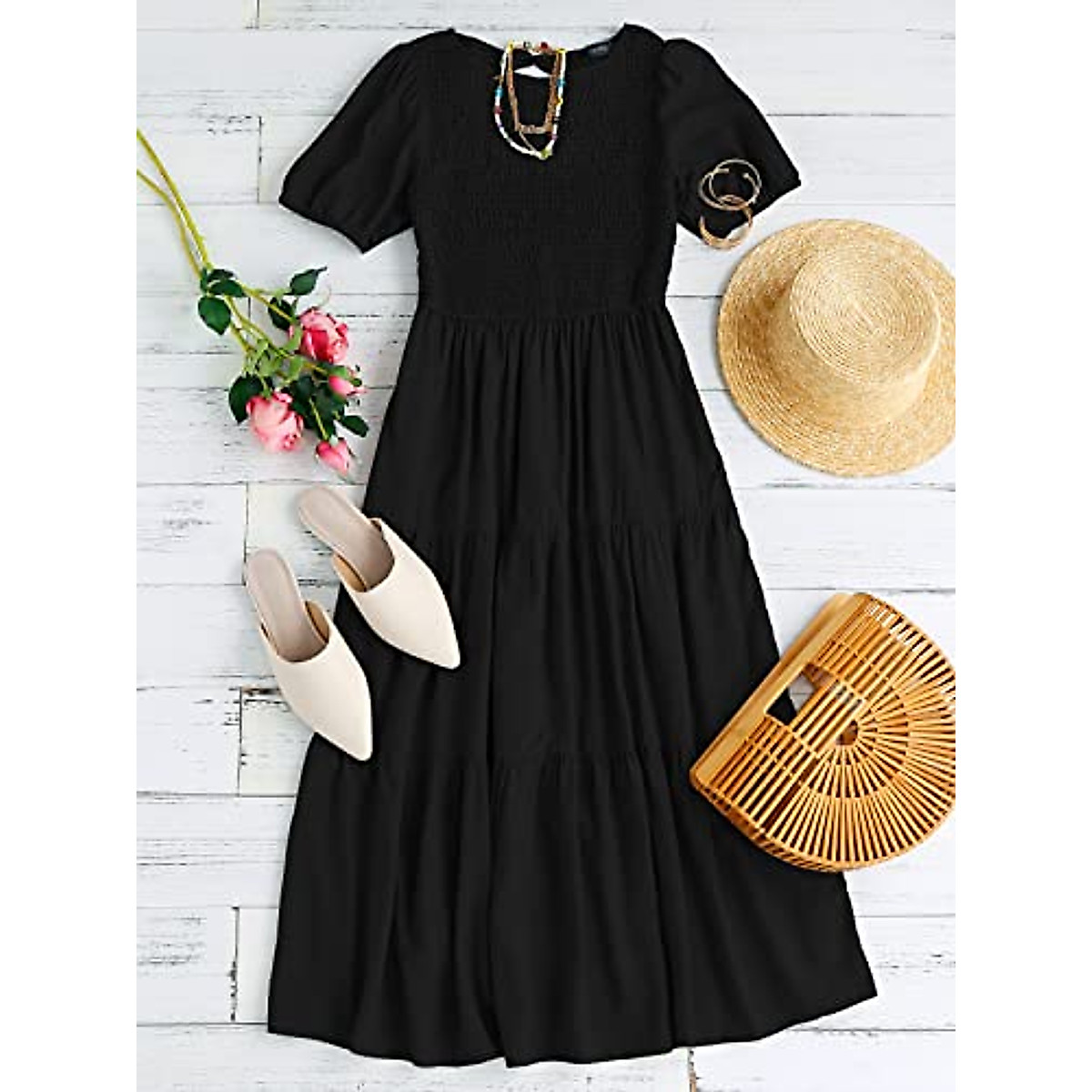 ZESICA Women's 2023 Casual Summer Crew Neck Short Puff Sleeve Smocked High Waist Ruffle Tiered A Line Midi Dress,Black,Medium
