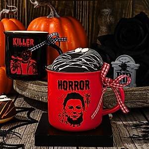 Whaline 4Pcs Halloween Mini Mugs with Plaid Ribbon Horror Movie Character Mini Coffee Mug Halloween Party Cups for Table Centerpieces Tiered Tray Decor Gifts