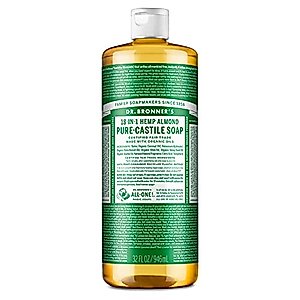 Dr. Bronner's - Pure-Castile Liquid Soap (Almond, 32 ounce) - Made with Organic Oils, 18-in-1 Uses: Face, Body, Hair, Laundry, Pets and Dishes, Concentrated, Vegan, Non-GMO