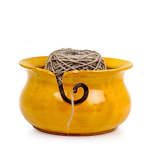 Nagina International Kitchen Pot Styled Premium Wood Crafted Portable Yarn Storage Knitting Bowl (Large, Turmeric Wood)