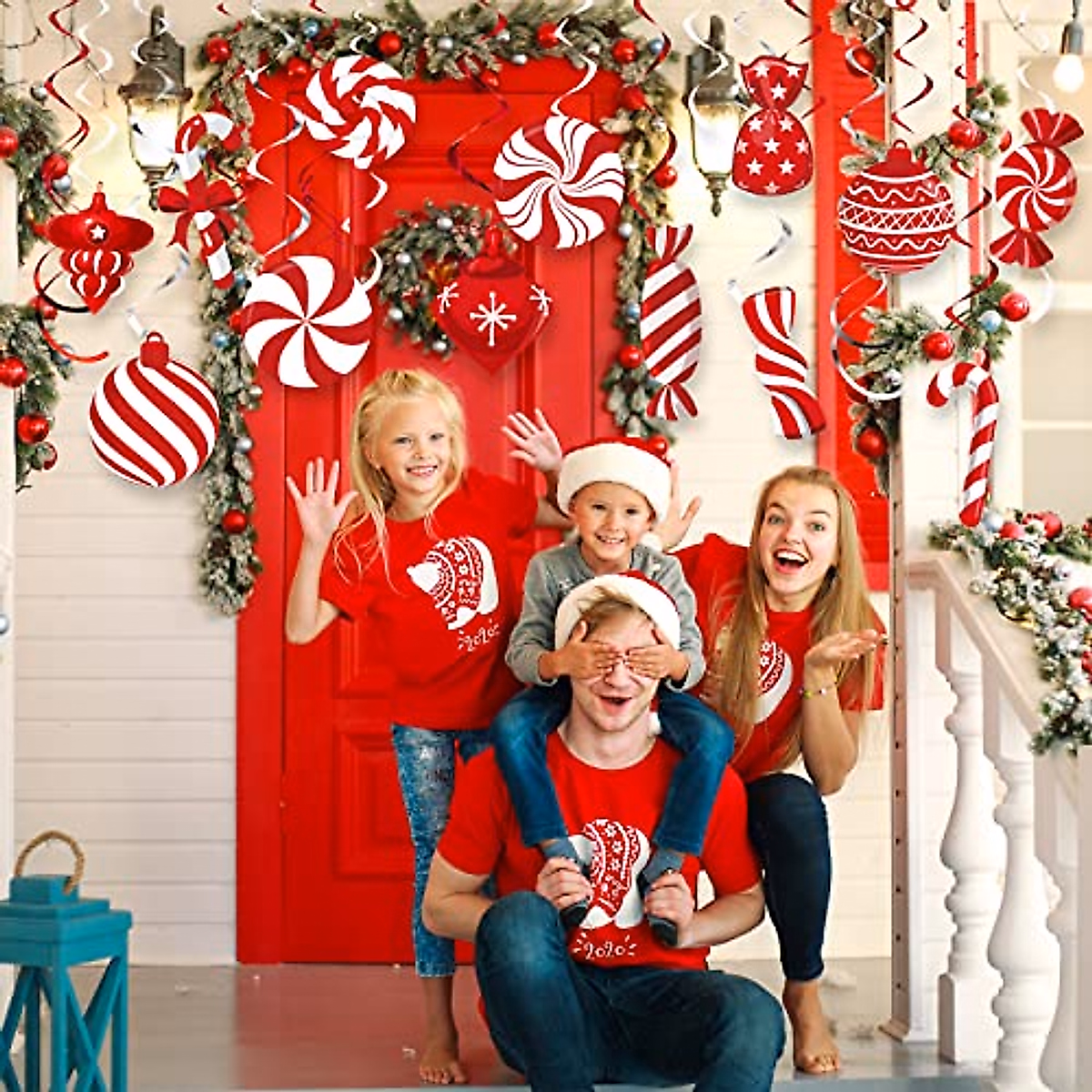 Christmas Peppermint Candy Hanging Decorations Christmas Candies Ceiling Hanging Swirls Xmas Party Ceiling Whirl Streamers For Home Winter Holiday Christmas Party Decor (Red White,Mixed Candy)