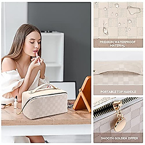 BAGCRAZY 2 Pcs Waterproof PU Leather Checkered Makeup Bag, Large Capacity Travel Cosmetic Bag - Portable Makeup Bags for Women, Lightweight Design and Waterproof Toiletries Bag for Cosmetic, White