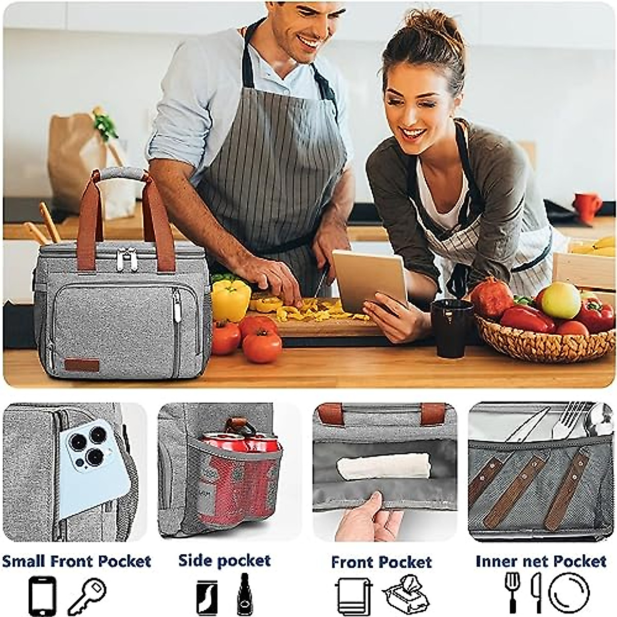 MIYCOO Insulated Lunch Bag for Women Men Reusable Lunch Box for Office Work - Leakproof Soft Adults Lunch Cooler Bag with Adjustable Shoulder Belt Grey
