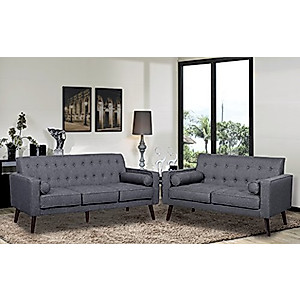 Container Furniture Direct Valadez Linen Upholstered Tufted Mid-Century Modern Loveseat with Bolsters, Dark Grey