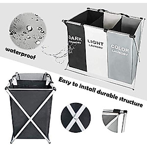 Laundry Hamper 3 Sections Laundry Basket Cloth Hamper Sorter storage Bin, Foldable Portable Waterproof Divided Large Dirty Clothes Basket for Bathroom Bedroom Home (Gray+Black+White)