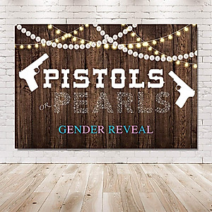 MEHOFOND Pistols or Pearls Gender Reveal Baby Shower Party Photo Background Props Rustic Wood Glitter Lights Pearls Boy or Girl Baby Shower Decoration Backdrops Banner for Dessert Table Supplies 7x5ft