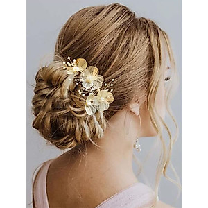 Catery Flower Bride Wedding Hair Vine Gold Floral Headband Pearl Bridal Headpiece Head Piece Hair Band Hair Accessories for Women and Girls
