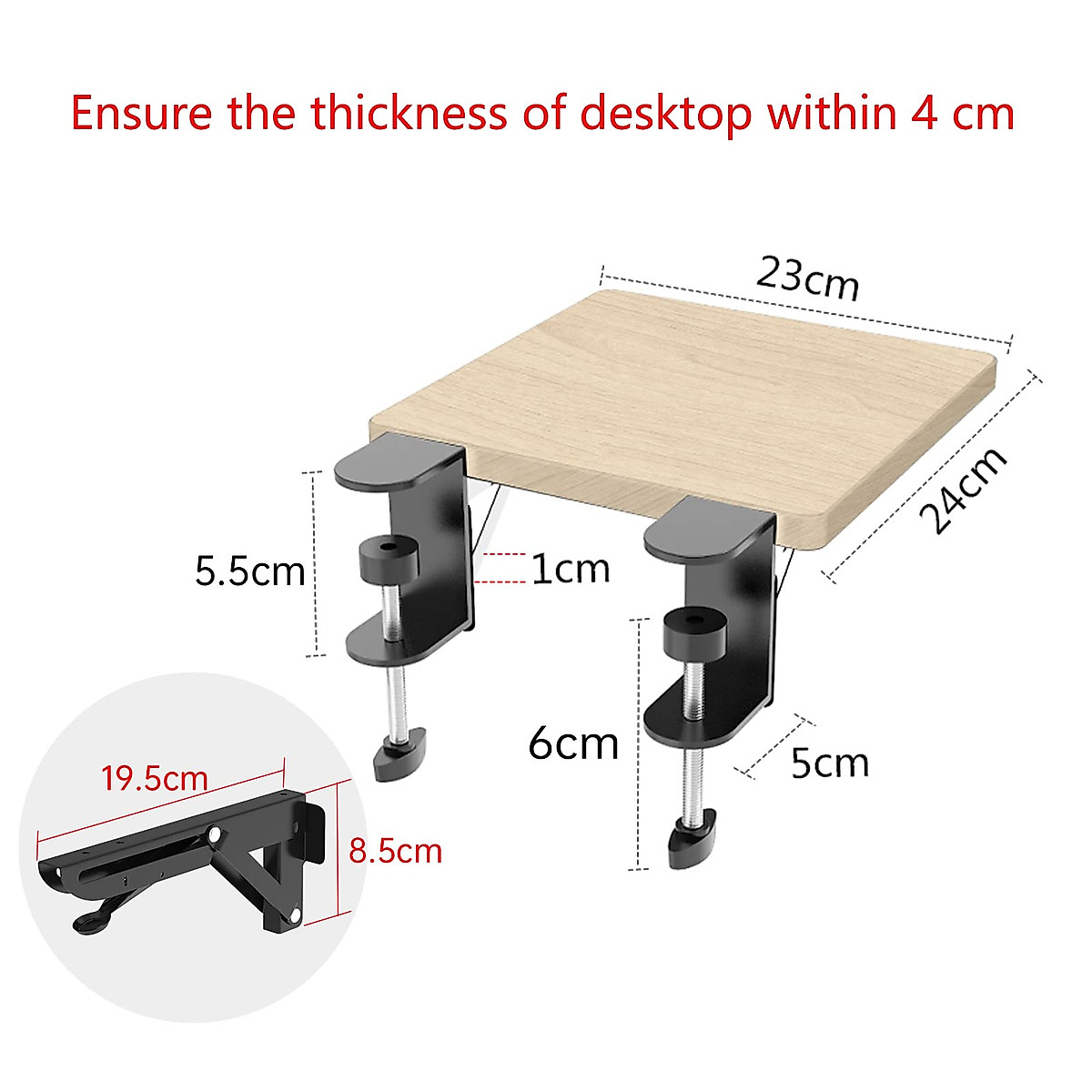 OUGIC Ergonomics Desk Extender Tray, 9.5"x9.1" Punch-Free Clamp on, Foldable Keyboard Drawer Tray, Table Mount Arm Wrist Rest Shelf, Computer Elbow Arm Support