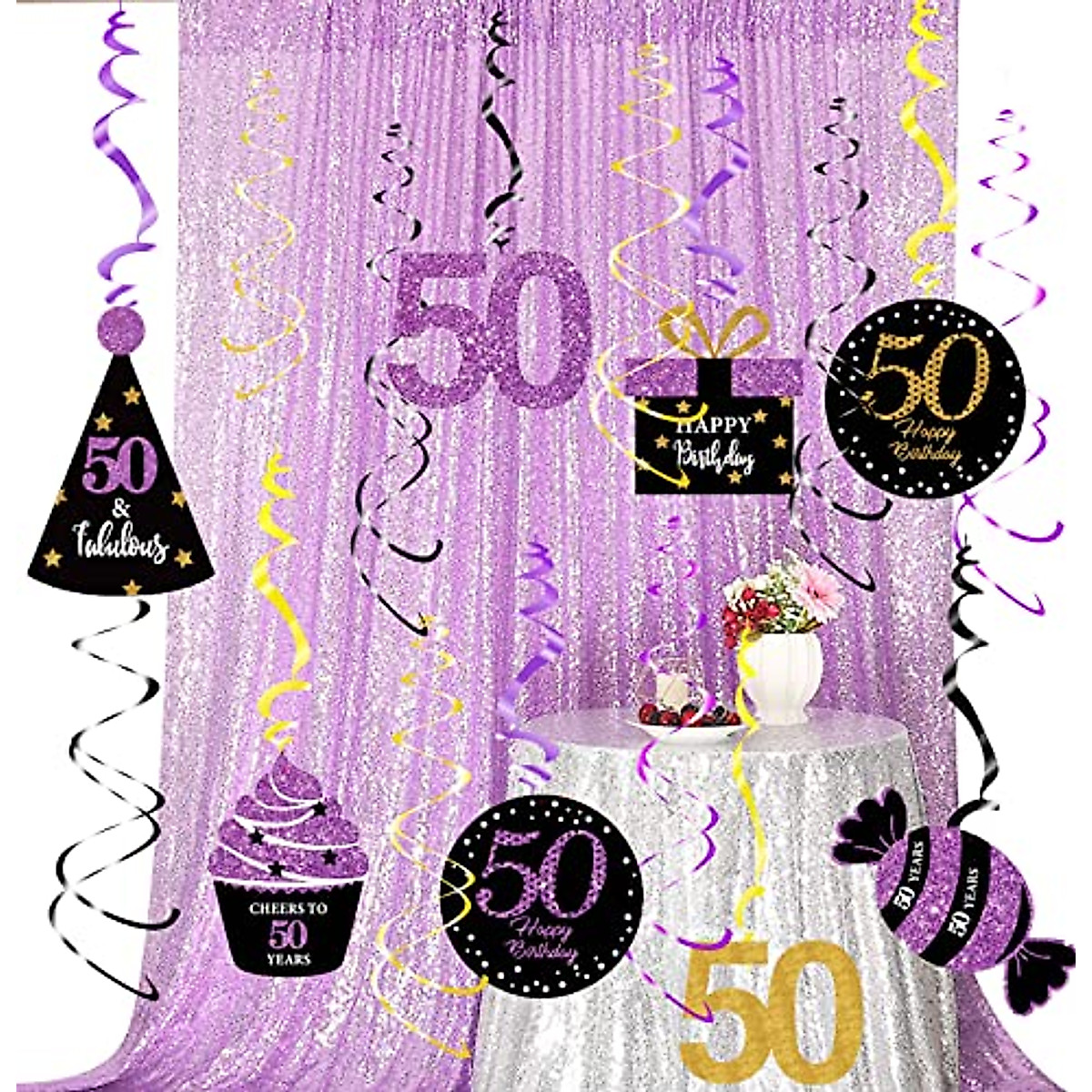 Qian's Party 50th Birthday Decorations for Women Purple Gold Black Purple Gold Foil Hanging Swirls 50th Birthday Party Decor – Women Purple 50th Birthday Party Decorations