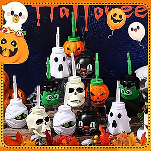 Umigy Halloween Cup for Kids 10 oz Halloween Reusable Plastic Cup Bulk Halloween Skull Ghost Mummy Green Giant Black Cat Pumpkin Shape Cup with Lid and Straw for Gift Party Favor Supplies (12 Pack)