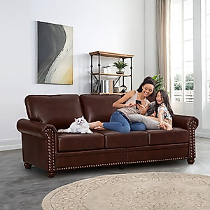 JEEOHEY Faux Leather Sofa Couch,82" Mid Century Modern Couch with Storage Place,Oversized 3 Seater Sofa with Nailhead Trim&Rolled Arm,Deep Seat Comfy Couch for Living Room,Apartment,Office(Burgundy)