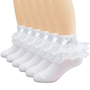 6 Pairs Toddler Baby Girls Ruffle Lace Trims Socks Princess Dress Bowknot Cotton White Ankle Soft Frily Socks Kids Child 4-6T