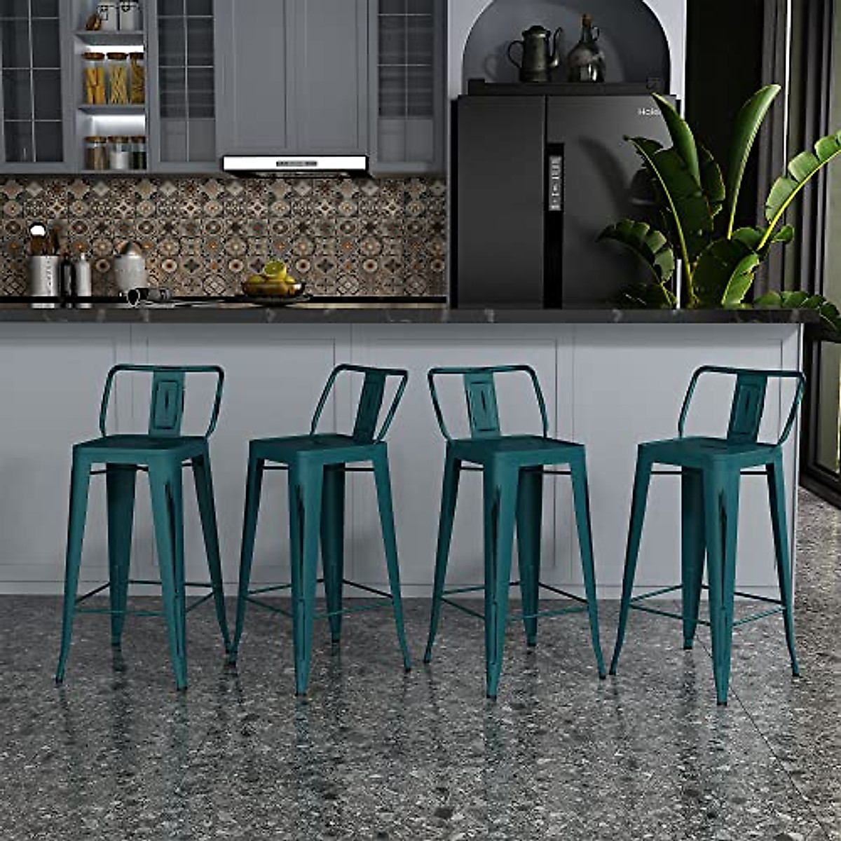 Andeworld Distressed Bar Stools Set of 4 Industrial Counter Stools Metal Barstools with Backrest (30 Inch, Distressed Design Teal)
