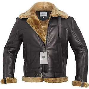 Marco Enzolani RAF Bomber Ginger Men B3 Bomber Jacket Aviator Real Shearling bomber Sheepskin Leather Jacket (Brown, m)