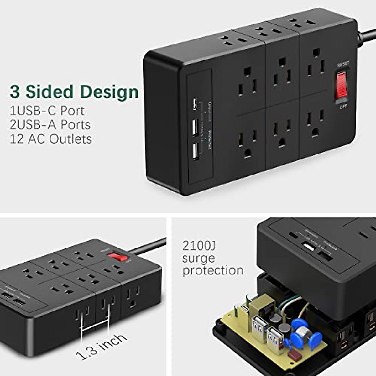 Power Strip with USB C - 12 Widely Outlets with 2 USB Charging Ports+1 USB C Total 3.1 A, 6 ft Long Heavy Duty Extension Cord,Overload Surge Protection, Surge Protector Wall Mount for Home (Black)