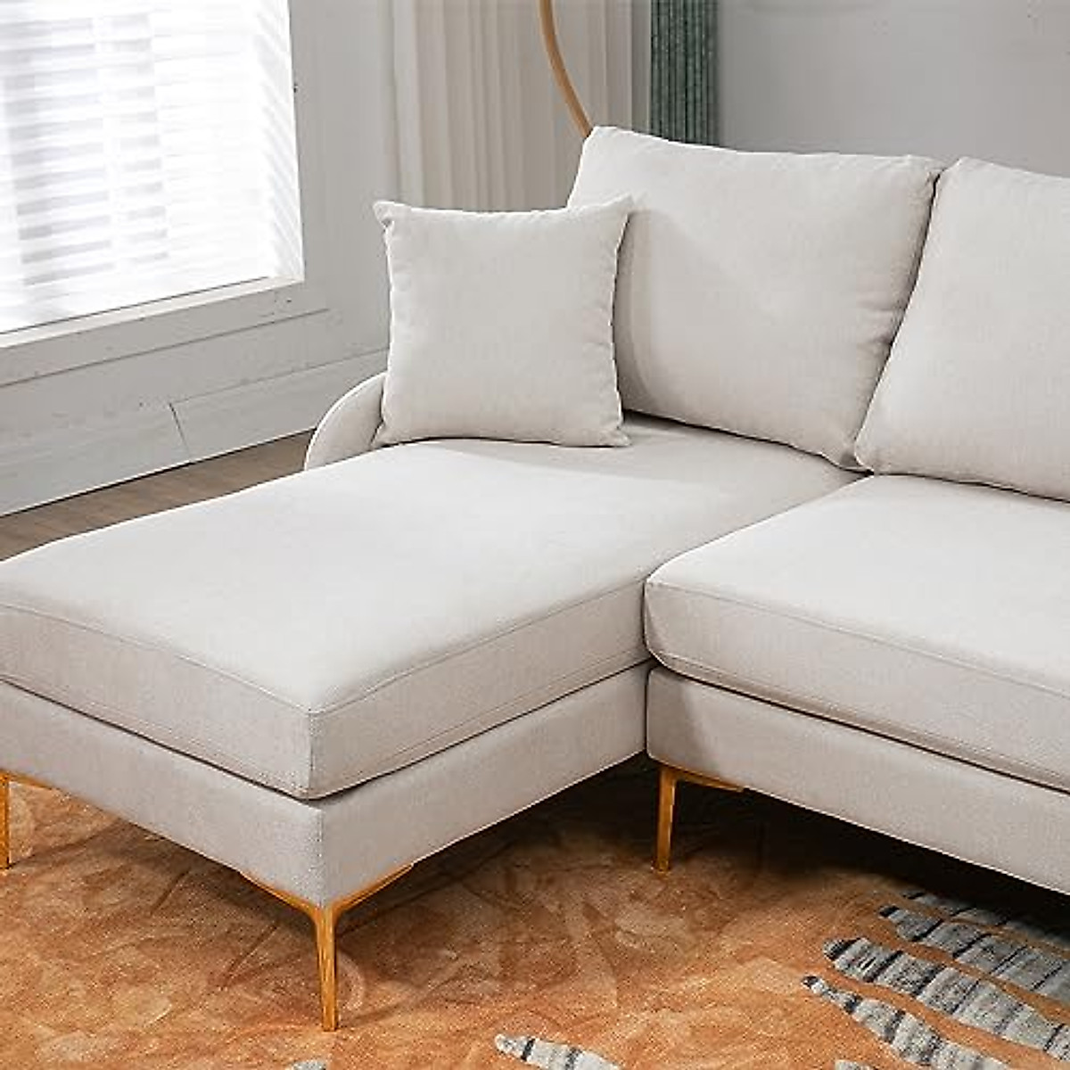 FANYE 110'' Modern Reversible Chaise Sectional U-Shaped Convertible, 4-Seat Polyester Blend Upholstered Sofa & Couch with 2 Pillows and Metal Legs for Home Apartment Office Living Room, Green, Beige