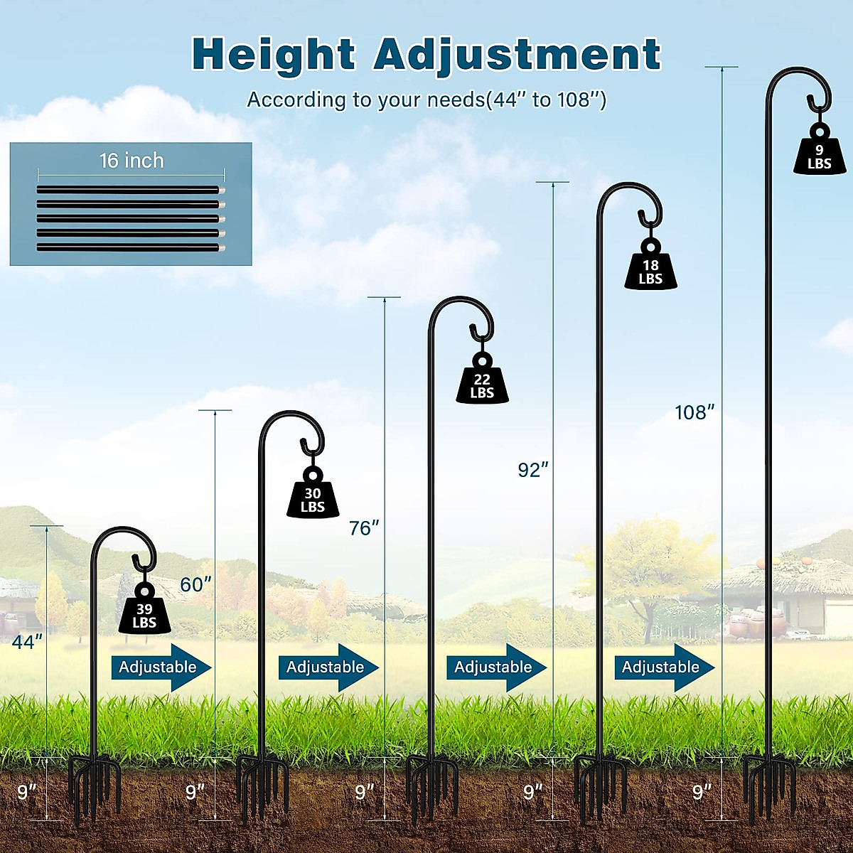 Gtongoko Adjustable Shepherds Hooks for Outdoor 92 Inch Bird Feeder Pole with 7 Prongs Base, 5/8 Inch Thick Heavy Duty for Hanging Bird Feeder, Plant Baskets,1 Pack
