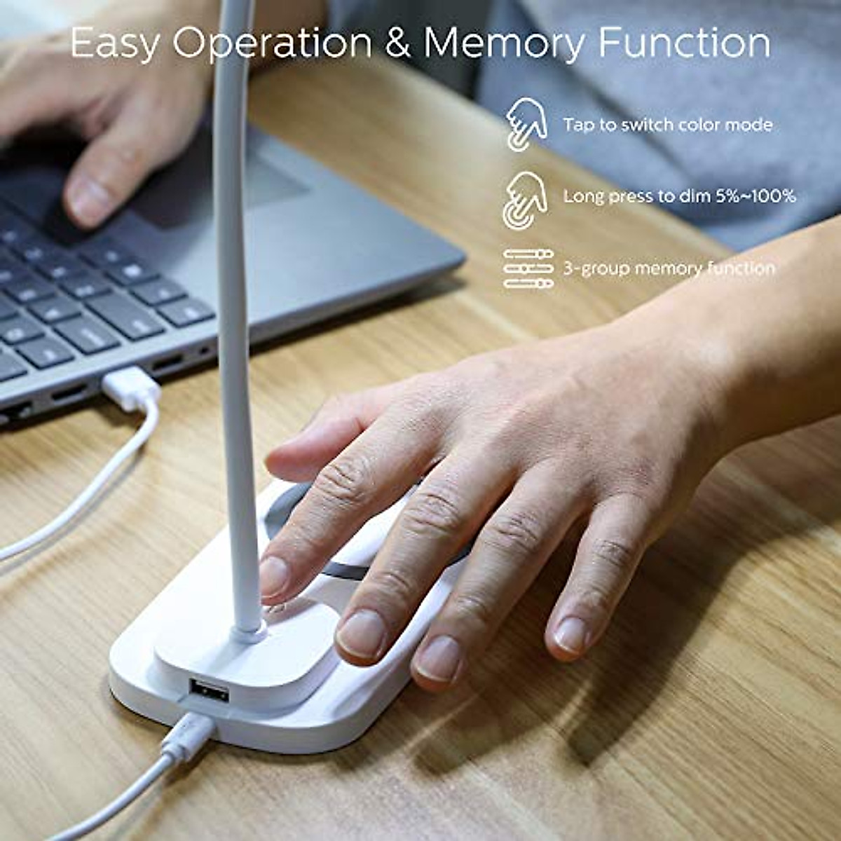 Consciot LED Desk Lamp with Wireless Charger, USB Charging Port, 3 Lighting Modes, Dimmable Space-Saving Table Lights with 360°Adjustable Gooseneck for Bedroom Nightstand Bedside Office Study, White