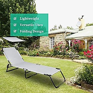 VINGLI Folding Chaise Lounge, Adjustable 4 Position Patio Chair Recliner, Sunbathing Chair for Beach Outdoor Pool Patio Deck (Grey, with Canopy)