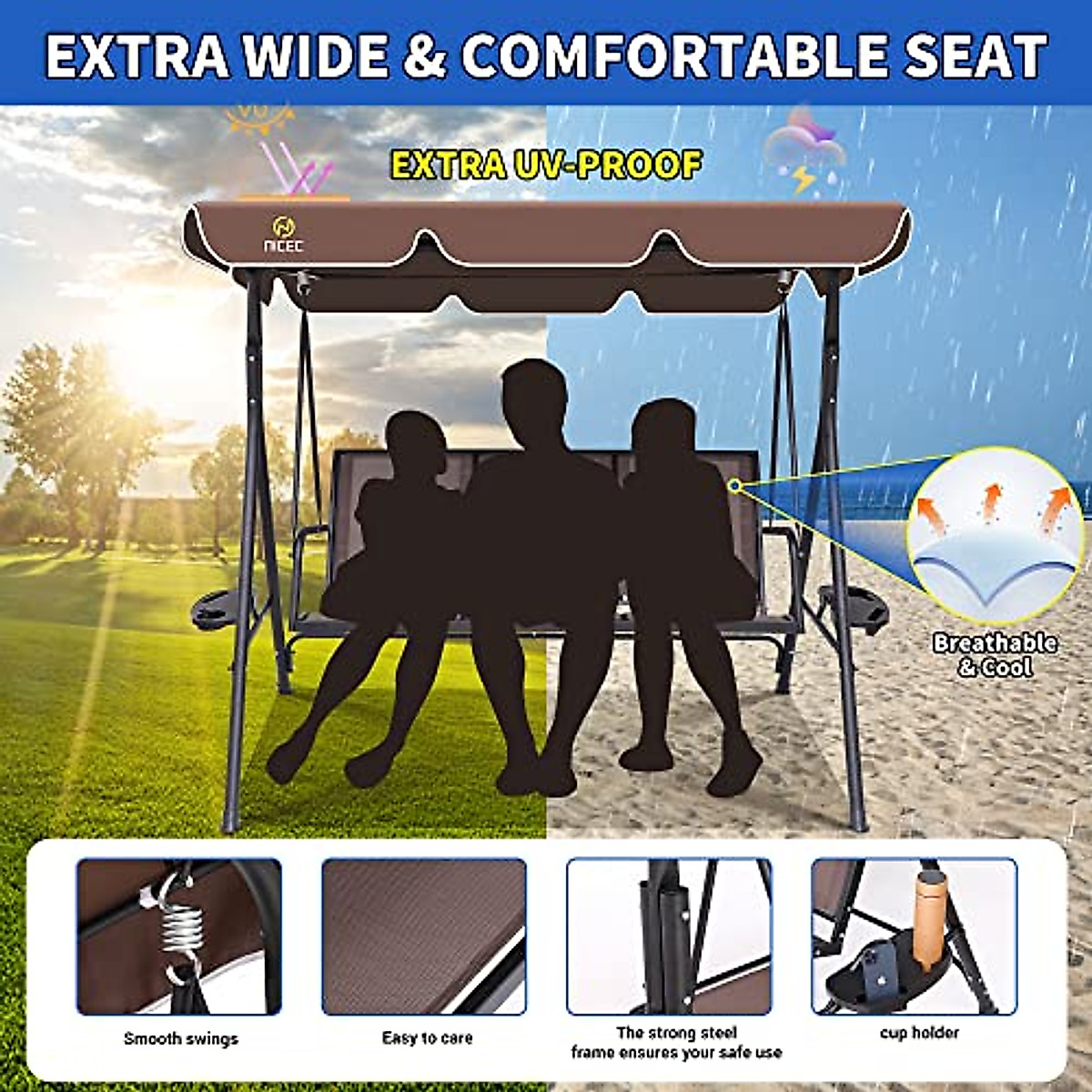 Nice C Patio Swing, Porch Swing Bench, Canopy Glider, with Adjustable Tilt, Three Seat (Brown)