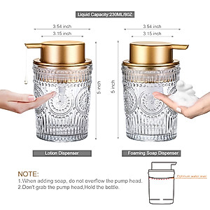 MKLZ 8 Oz Glass Foam Soap Dispenser, Clear Hand Liquid Bottles with Gold Plastic Pump, Refillable Round Foaming Lotion Dispensing for Kitchen Sink & Bathroom Counter