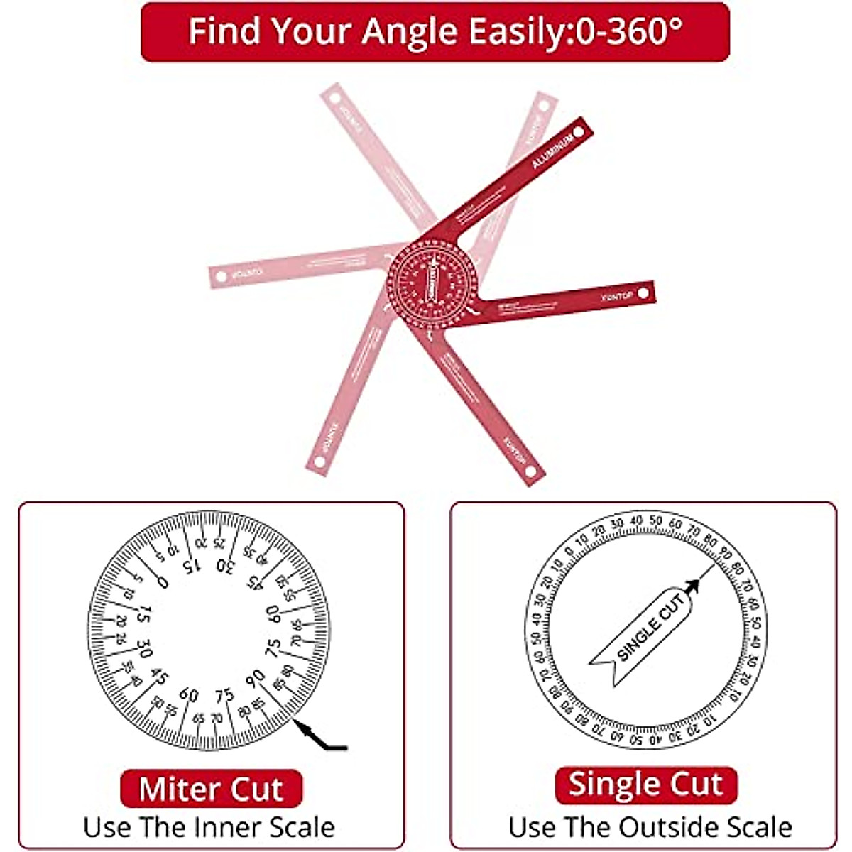 Miter Saw Protractor, XUNTOP 7-Inch Aluminum Miter Protractor with Mini Level Gauge Rust Proof Angle Finder Featuring Precision Laser Engraved Scales for Carpentry, Crown Molding, Baseboard, DIY-Red