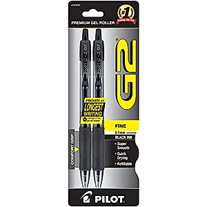 PILOT G2 Premium Refillable & Retractable Rolling Ball Gel Pens, Fine Point, Black Ink, 2-Pack (31031)