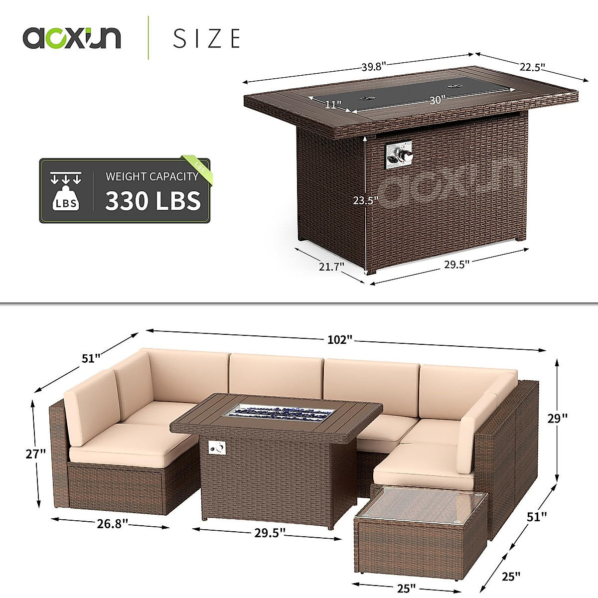 Aoxun Patio Furniture Set 8PCS with 40" Fire Pit Table Outdoor Sectional Sofa Set Wicker Furniture Set with Coffee Table(Brown)