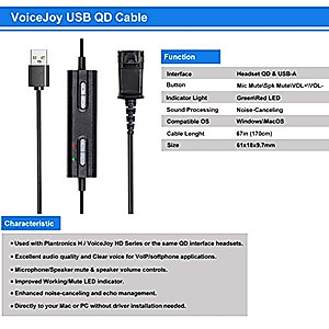 Headset QD(Quick Disconnect) Connector to USB Adapter Cable with Volume Adjuster, Mute for Speaker and Microphone Separately Compatible with Any Plantronics and VoiceJoy Headset QD Plug