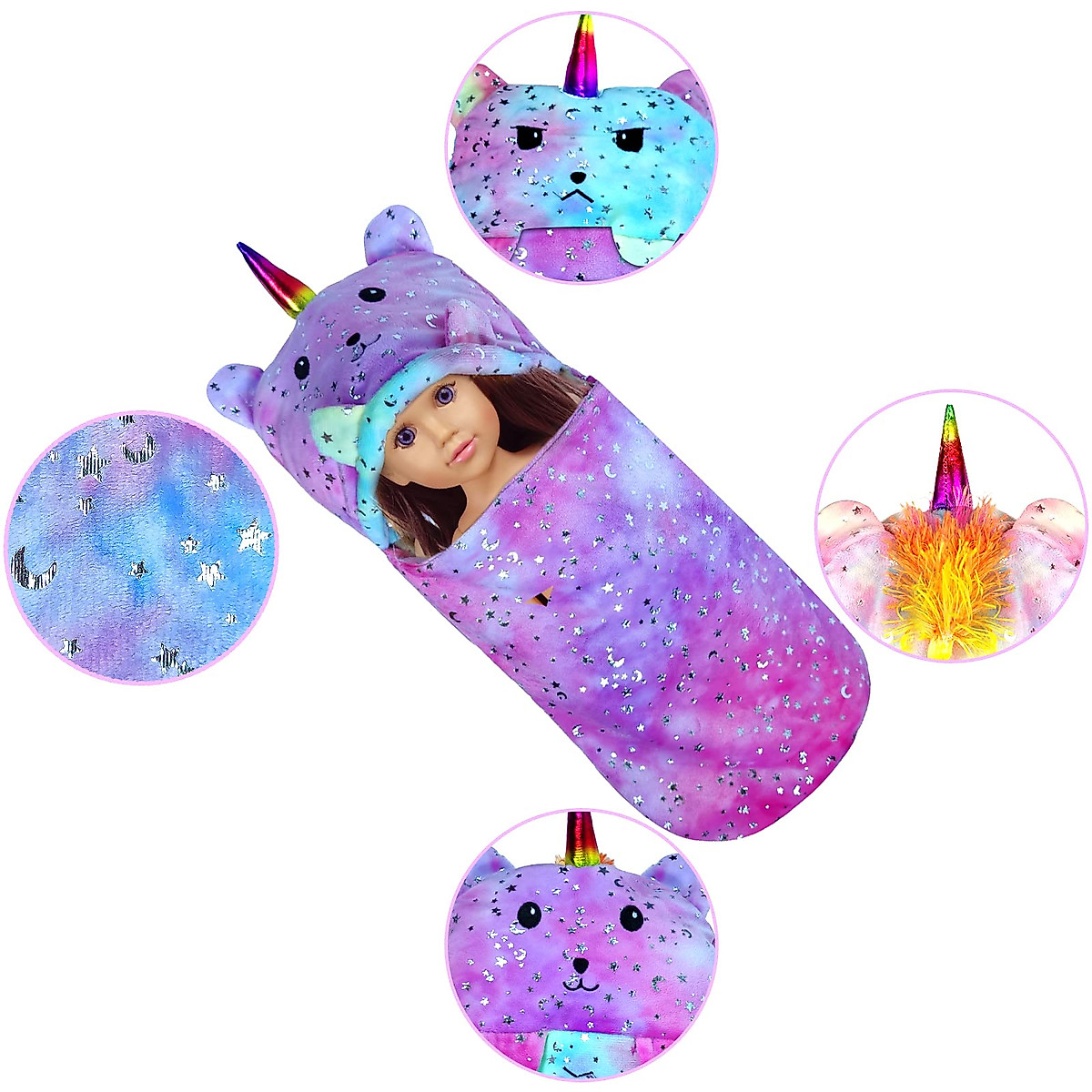 WONDOLL 18-inch-Doll-Clothes and Unicorn Reversible-Doll-Sleeping-Bag Set with Headband Compatible with All 18-inch Dolls Accessories for Kids