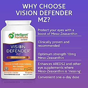 Vision Defender Meso Zeaxanthin Vegan Eye Supplement MZ- Protect and Improve Ocular Health & Eye Care, High Strength Antioxidant Carotenoid Meso-Zeaxanthin for Eyes (90 capsules/One-A-Day) Made in UK