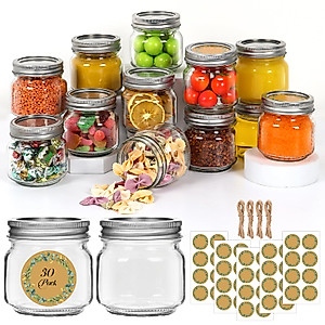 30 Pack Mason Jars 8 oz with Lids And Bands, Half Pint Canning Jars, 1/4 Quart Small Glass Jars with 40 Free Labels for Jam, Pickles And DIY