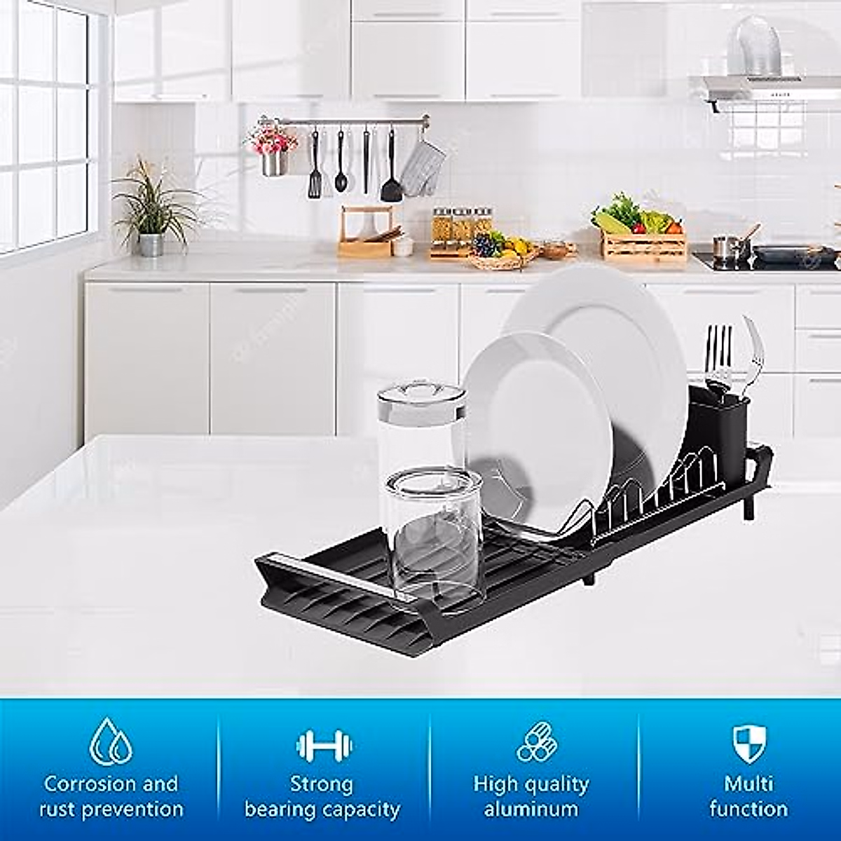 Joemdehazam Dish Drying Rack,Compact Dish Rack Durable, Stainless Steel Kitchen Drying Rack with a Cutlery Holder, Drying Rack for Dishes,Spoons, and Forks (Black)