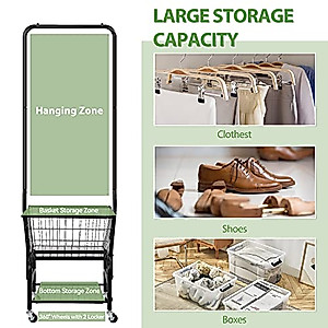 Laundry Cart with Wheels and Hanging Rack Rolling Laundry Basket with Clothes Rack Laundry Butler with Wire Storage Rack Coat Rack for Bedroom Hallway Laundry, Black-3