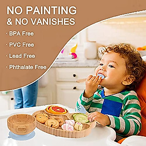 6PCS Bamboo Baby Feeding Set, Baby Suction Bowl & Plate with Silicone Spoons & Forks, Wooden Feeding Supplies for Infant & Toddlers, Baby Led Weaning Supplies Non Slip & BPA Free (Powder Blue)