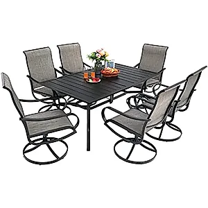 MEOOEM Patio Dining Set of 7, Outdoor 6 High Back Swivel Rock Chairs with Arms and 63 inch Rectangle Dining Table with 1.57" Umbrella Hole for Backyard Garden Bistro