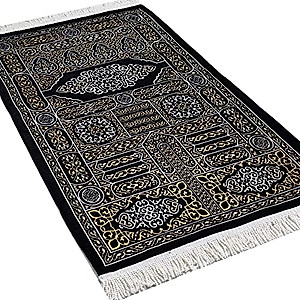 Modefa Turkish Prayer Mat | Luxury Woven Chenille | with Prayer Cap, Beads & Allah Muhammad Car Hanger | Full Kaba Door Swirl Intricate Design (Black)