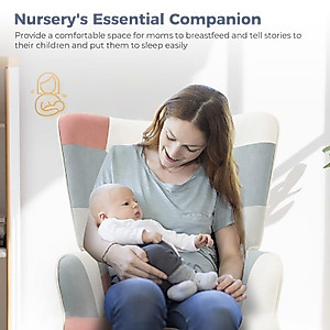 Tatub Rocking Chair Nursery, Upholstered Rocking Chair Indoor with High Backrest and Wooden Base, Modern Glider Chair for Nursery, Living Room, Bedroom, Office （Patchwork Linen Pink）