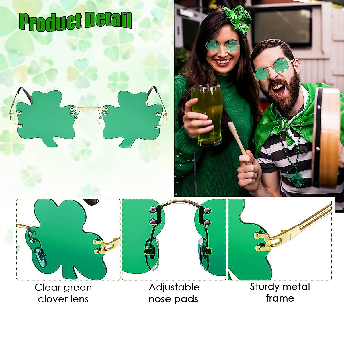 eyigylyo St. Patrick's Day Shamrock Headband with Shamrock Glasses Set, Irish Shamrock Hairband Green Clover Boppers Headwear for Women Girls Kids St. Patrick's Day Costume Accessories