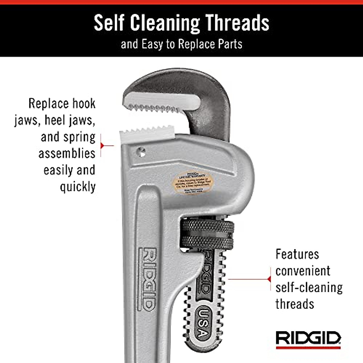 RIDGID 31095 Model 814 Aluminum Straight 14" Plumbing Pipe Wrench, Silver, Made in the USA