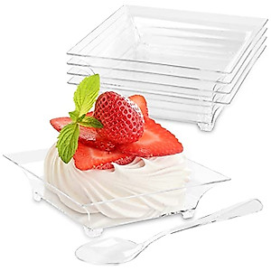 Qeirudu 100 Pack 1 oz Mini Plastic Plates for Appetizers - Small Dessert Plates with Spoons Reusable Square Appetizer Bowls Tiny Individual Serving Trays