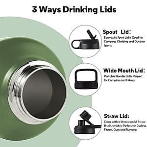 64 oz Water Bottle Stainless Steel with Straws & 3 Lids, Double Wall Vacuum Insulated Half Gallon Water Bottle with Sleeve & Carry Pouch, 64oz Leak Proof Metal Thermos Water Jug for Sport Camping