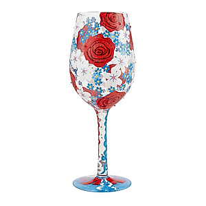 Enesco Designs by Lolita Red, White and Bloomed Floral Hand-Painted Artisan Wine Glass, 1 Count (Pack of 1), Multicolor