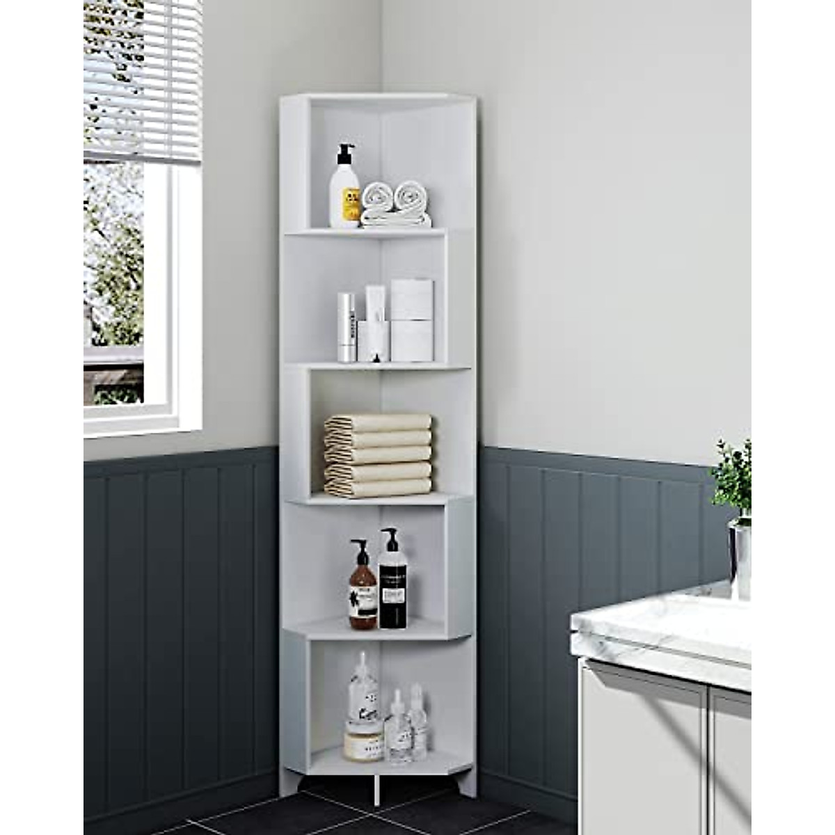Yusong Bookshelf Corner Shelf Bookcase, Wooden 5-Tier Book Shelves Display Cabinet for Living Room,Bedroom,Bathroom, White