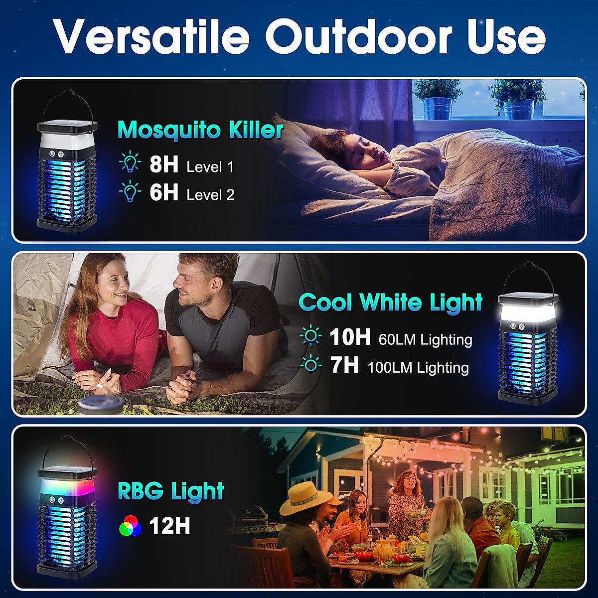 Portable Fly Trap for Indoor & Outdoor, Handheld Outdoor Bug Zapper - 4200V High-Voltage Electric Mosquito Killer with UV Light, IP68 Waterproof, USB-C & Solar Charging, 4000mAh Battery